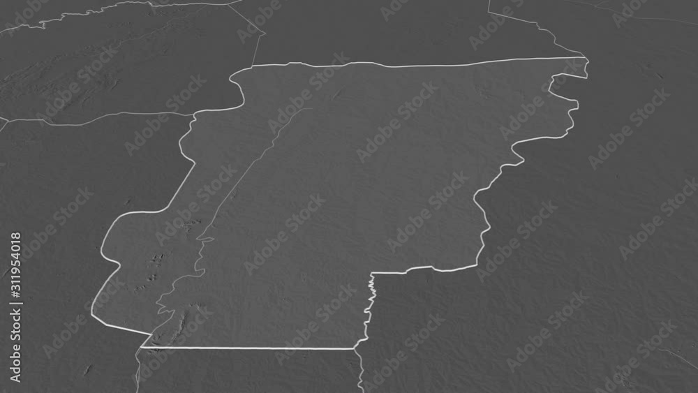 Borgou, department with its capital, zoomed and extruded on the bilevel ...
