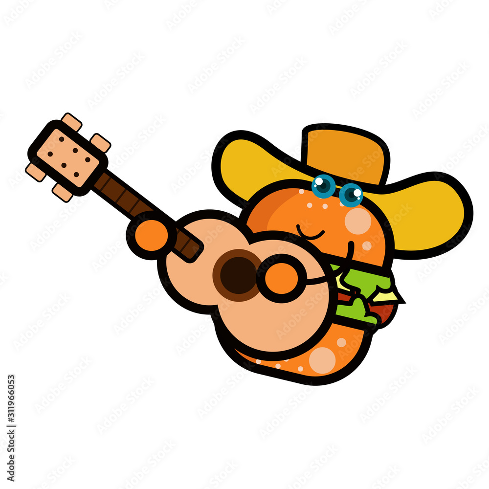Burger Character Cute Cartoon With Acoustic Guitar Vector Template ...