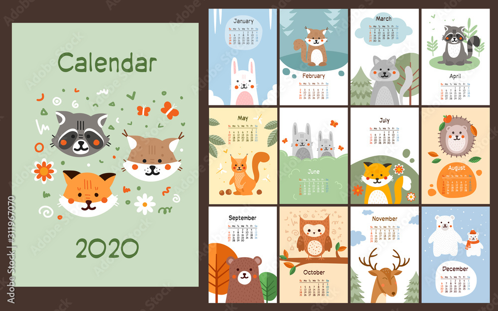 2020 calendar design with cute little animals in Scandinavian style on ...