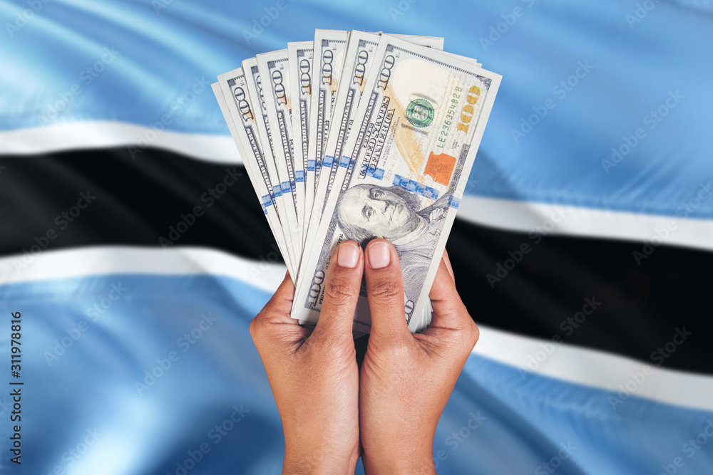 Botswana financial concept. Female hand holding dollar banknotes on ...