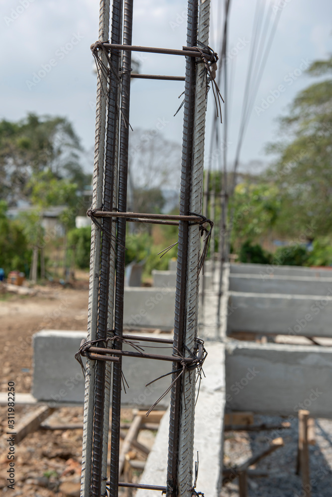 Reinforce iron cage for a house column in a construction site. Steel ...