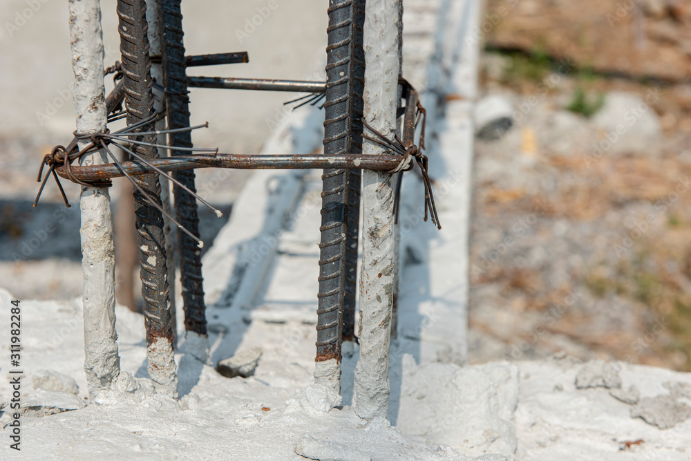 Reinforce iron cage for a house column in a construction site. Steel ...