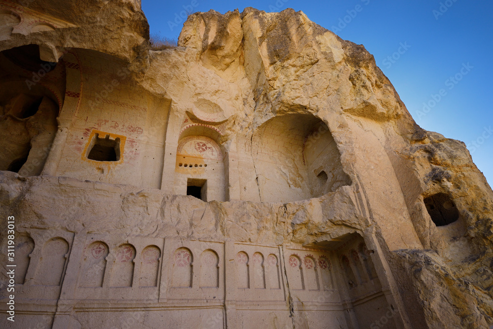 Collapsed exterior of the Dark Church cave at the Goreme Valley Open ...