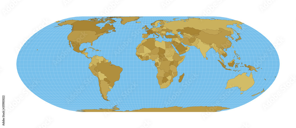 World Map. Nell-Hammer projection. Map of the world with meridians on ...