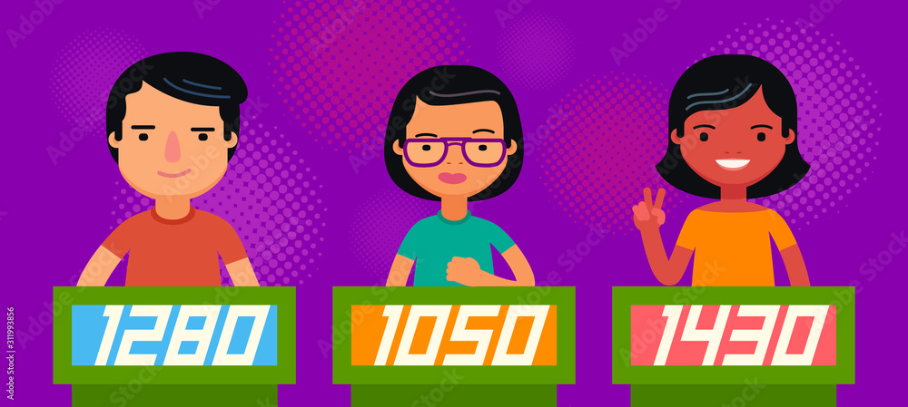 Quiz show. People, players answer questions. Cartoon vector ...