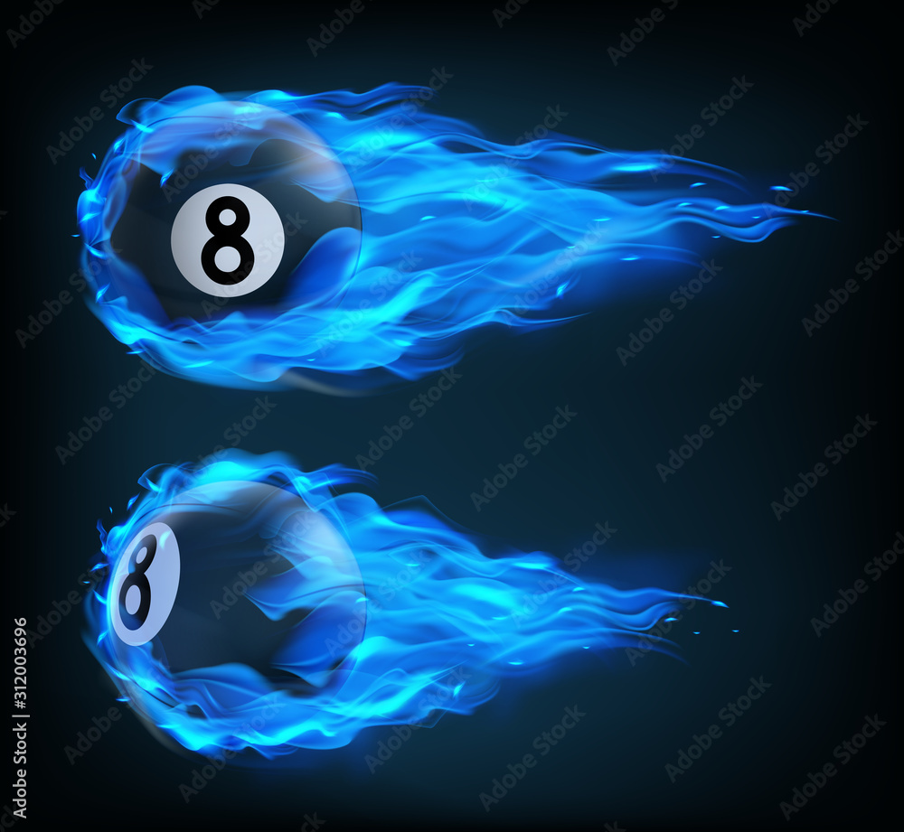 Flying black billiard eight ball in blue fire isolated on black ...