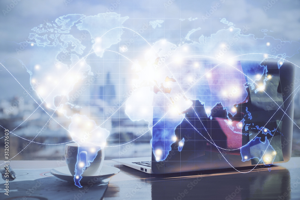 Multi exposure of business theme icons and work space with computer ...