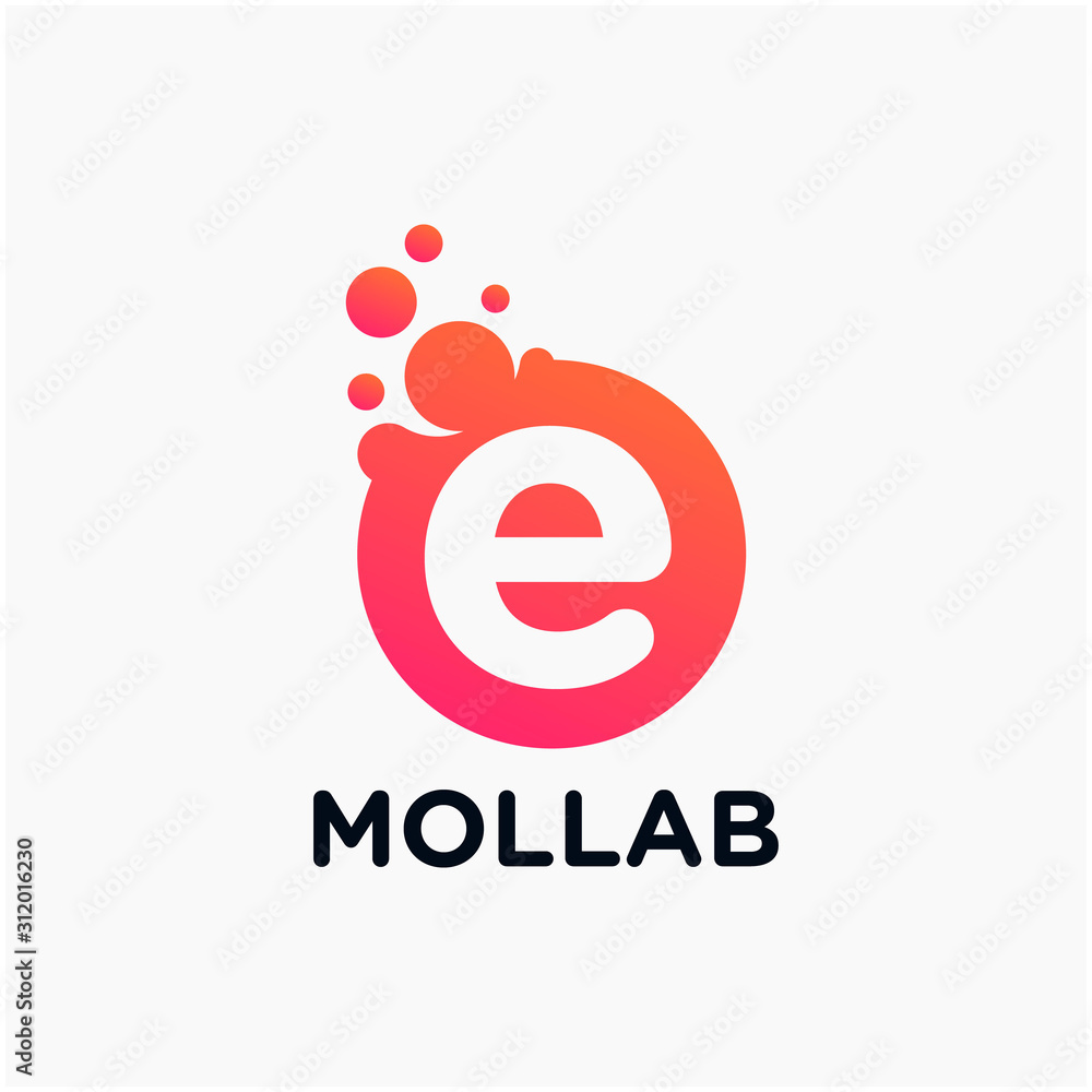 initial Letter E with molecule element. Lab, liquid, atom Design ...