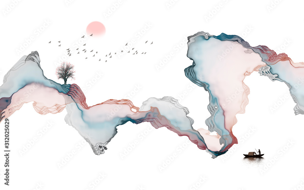 Ink landscape decorative painting abstract color art line background ...