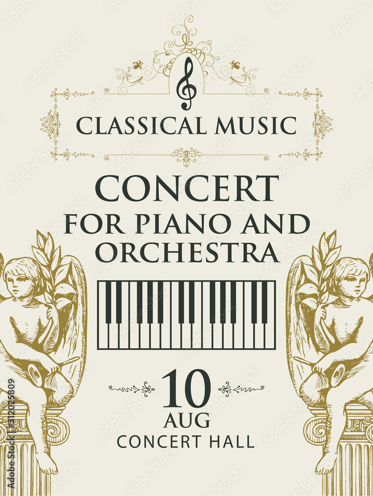 Vector poster for classical music concert with piano keyboard and ...