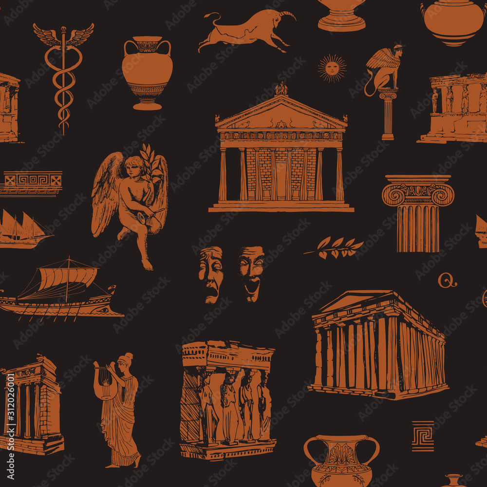 Vector seamless pattern on the theme of Ancient Greece with hand-drawn ...