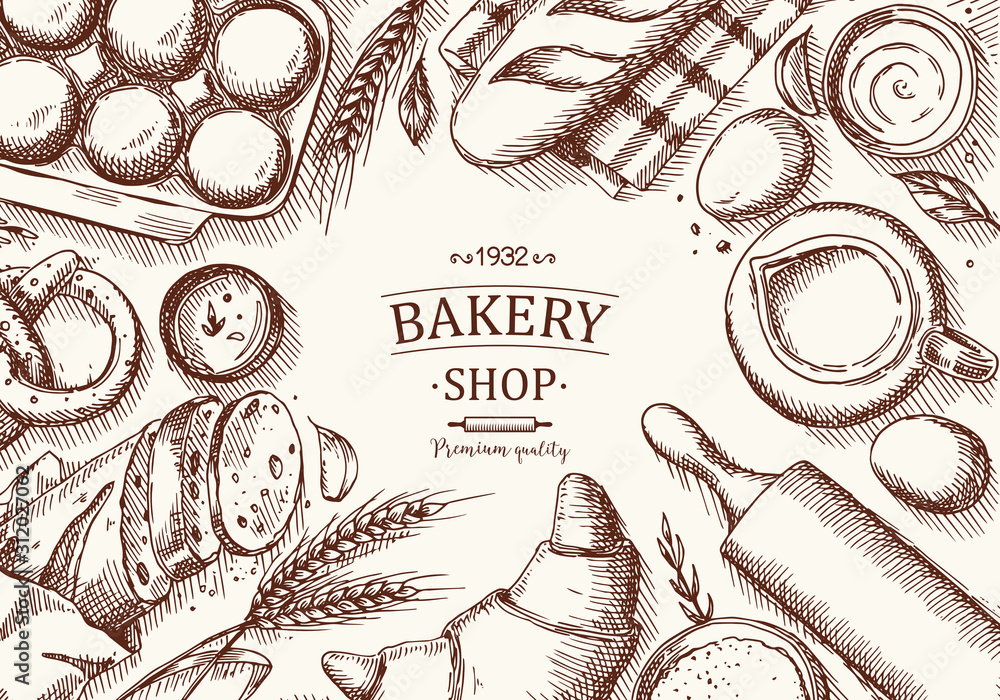 Bakery background. Linear graphic. Bread and pastry collection ...
