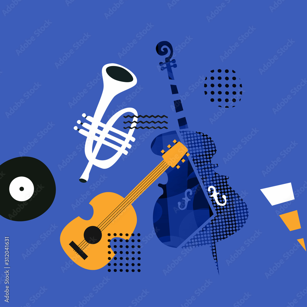 Music promotional poster with violoncello, trumpet and guitar vector ...