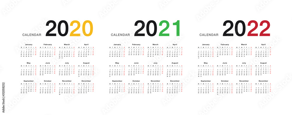 PrYear 2020 and Year 2021 and Year 2022 calendar vector design template ...