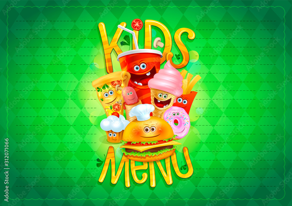 Kids menu list with cartoon hot dog, burger, french fries, pizza, donut ...