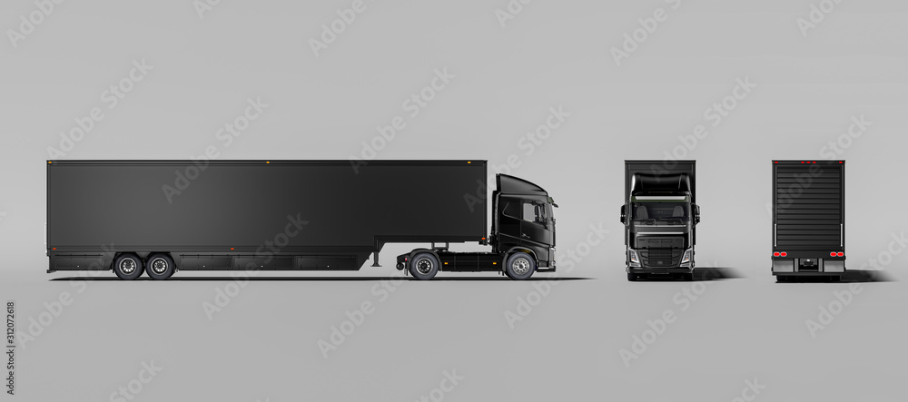 Side View, Front View And Back View Of Black Semi Truck With Empty ...