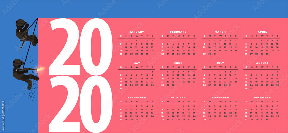 Calendar for 2020. Web icons of people. Military soldiers come down ...