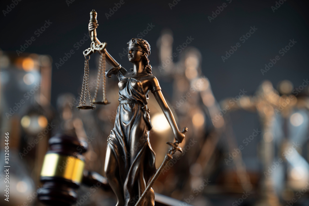 Law symbol composition and background. Judge's gavel, Themis statue and ...