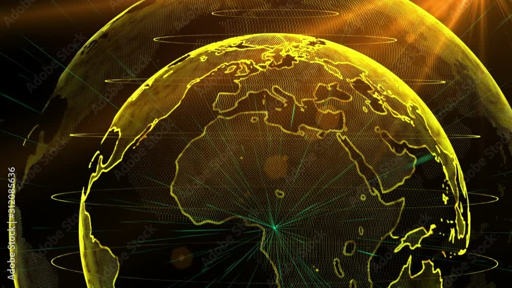 Digital orange planet of Earth. Rotating globe with shining continents ...