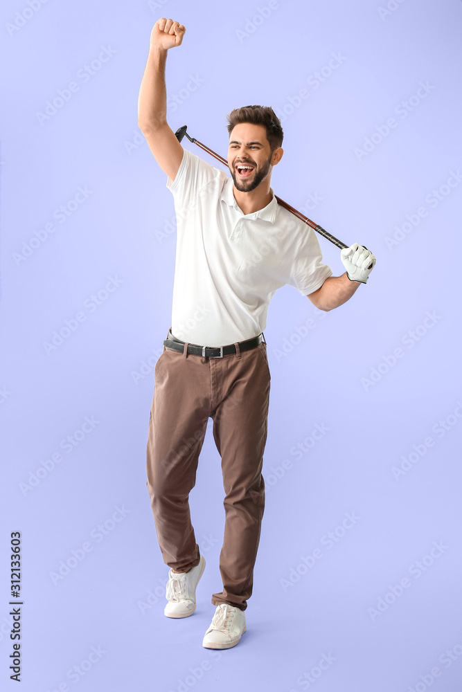 Handsome happy male golfer on color background Stock Photo | Adobe Stock