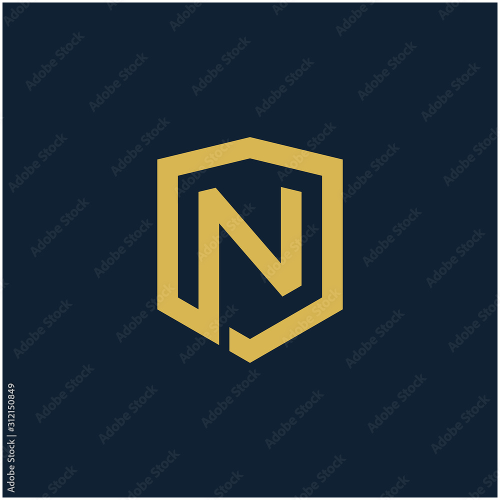initial Letter N with Shield frame line art element. Shield Line ...