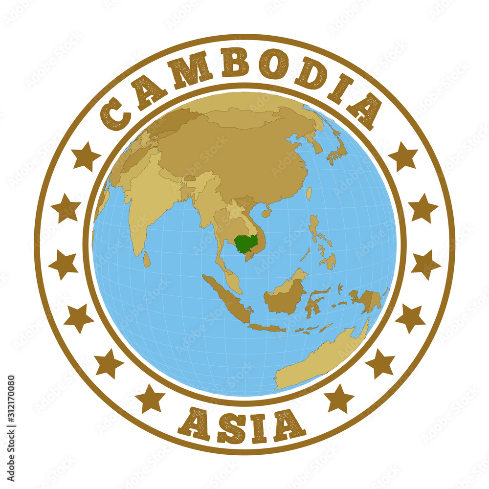 Cambodia logo. Round badge of country with map of Cambodia in world ...