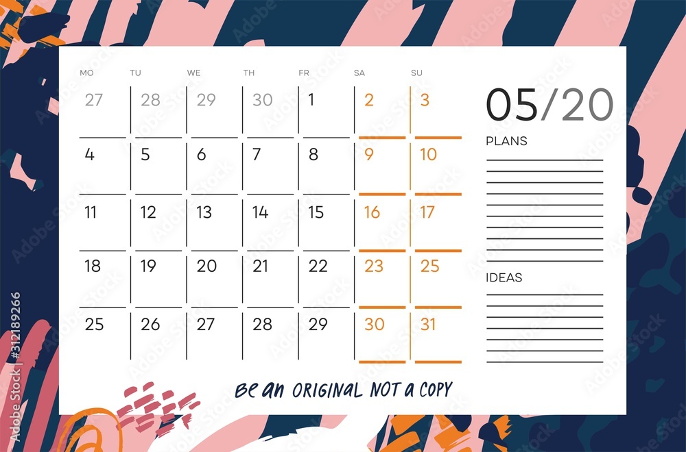 Color calendar grid with month name, motivation phrase "be an original ...