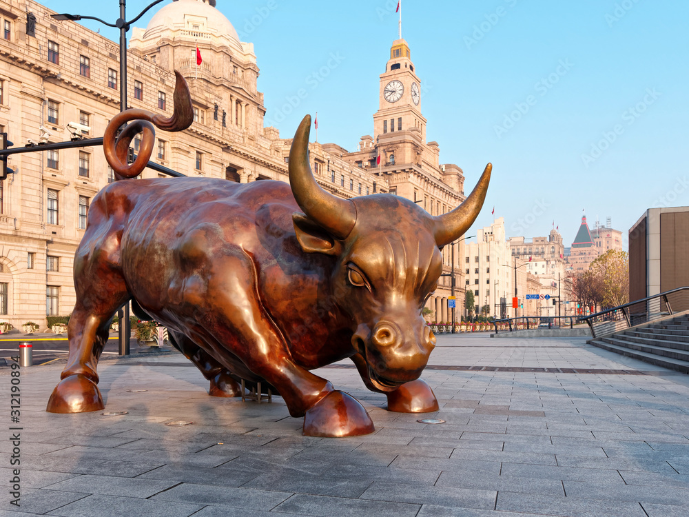 Shanghai, China - Dec. 29, 2019: Bronze bull on The Bund in Shanghai ...