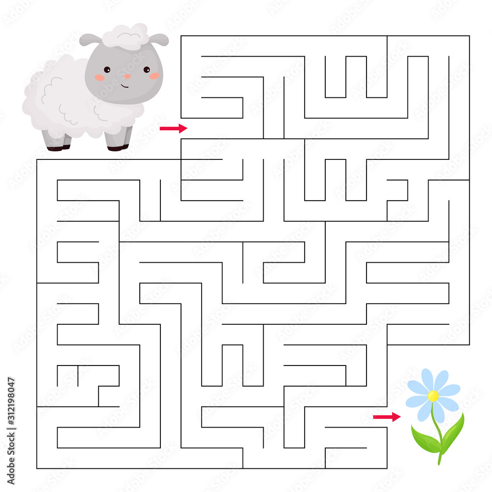 Cute kawaii sheep and flower. Maze game for children. Educational ...