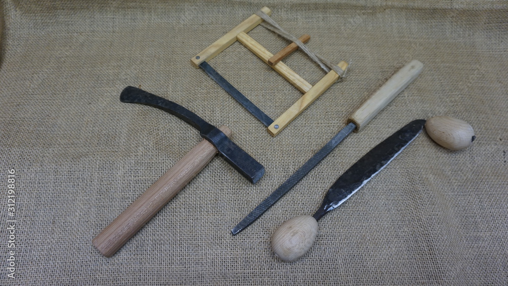 roman carpenters woodworking tools reconstructed Stock Photo | Adobe Stock