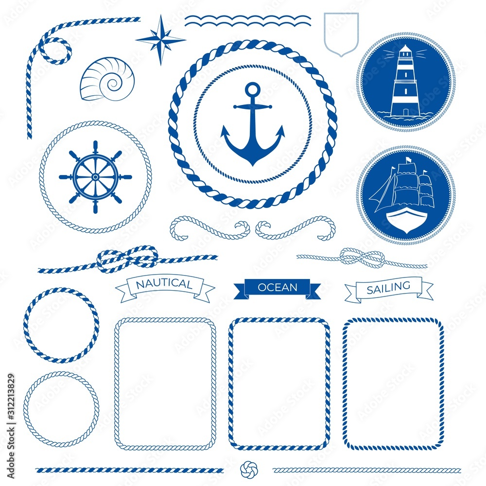 Rope frames, knots, corners and ribbons. Nautical sea collection ...