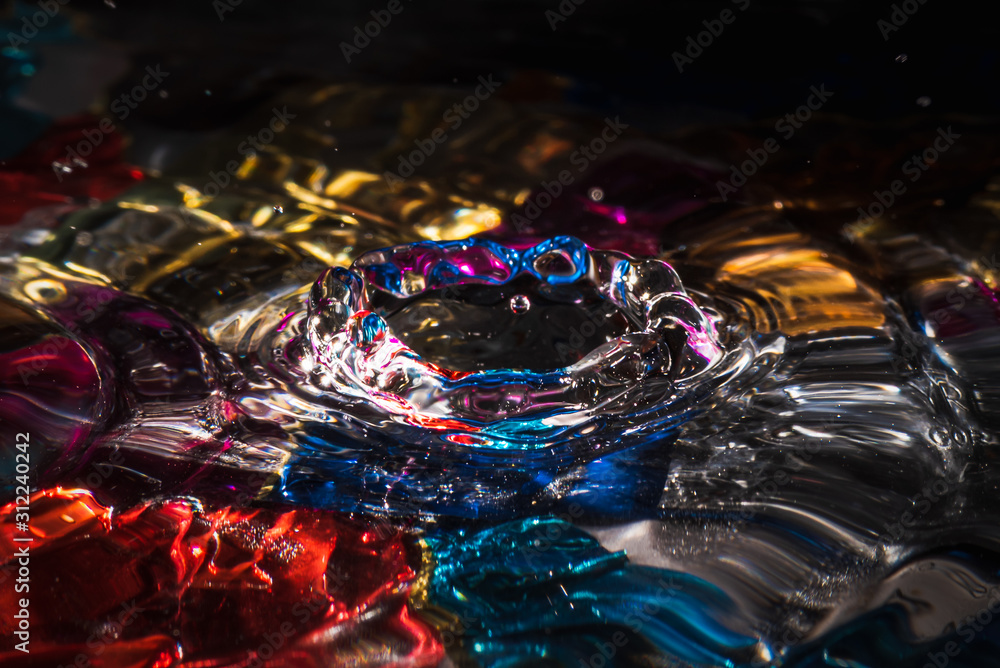 water drops splash forming ripples and waves and abstract water columns ...