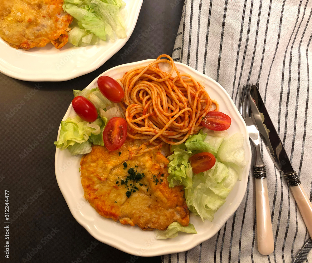 Chicken Piccata. Chicken breast cutlets, breaded with flour, egg, mixed ...