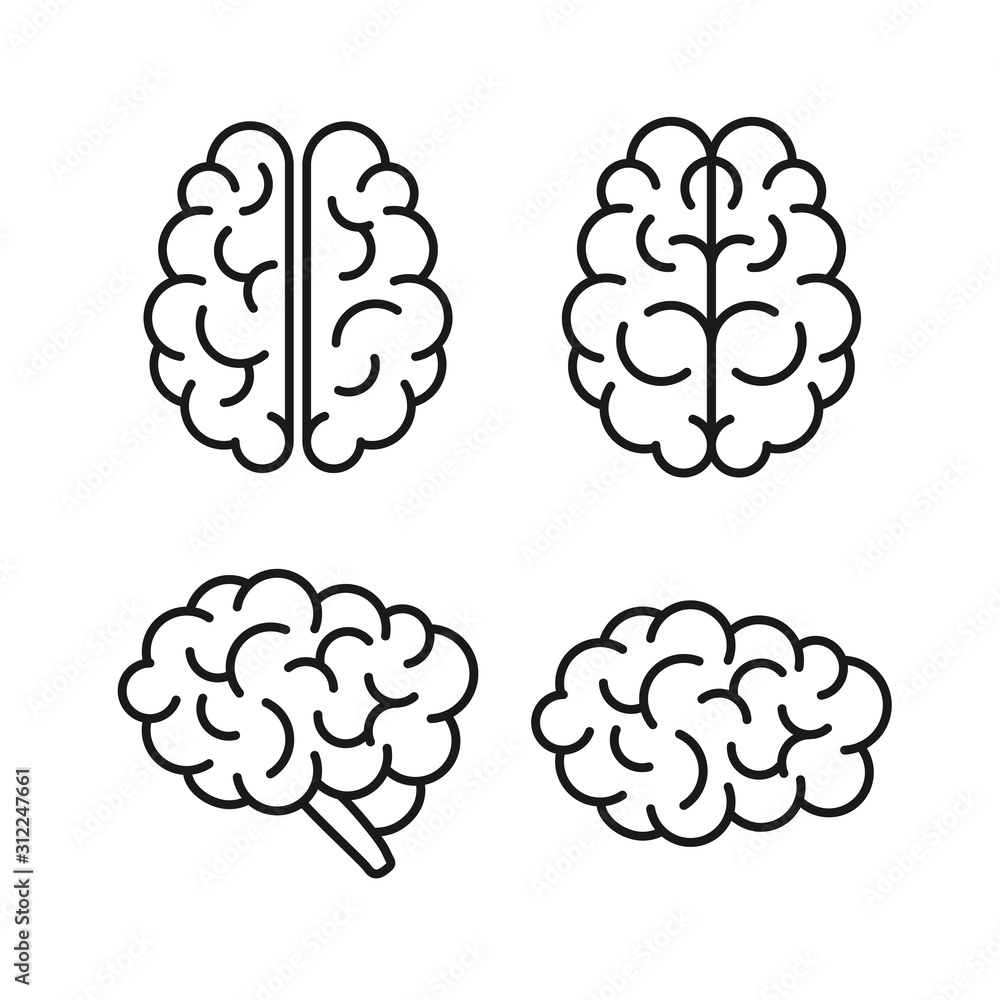 Set of four icons of human brain. Lateral and superior views of ...