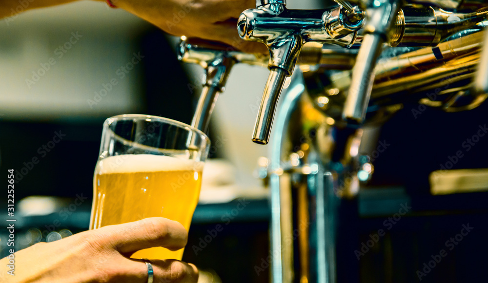 bartender hand at beer tap pouring a draught beer in glass serving in a ...