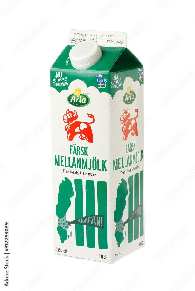 Stockholm, Sweden - December 27, 2019: A package with a liter of milk ...