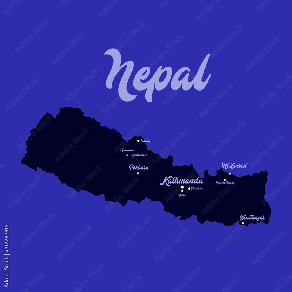 Detailed blue flat map of Nepal country with main tourist cities and ...