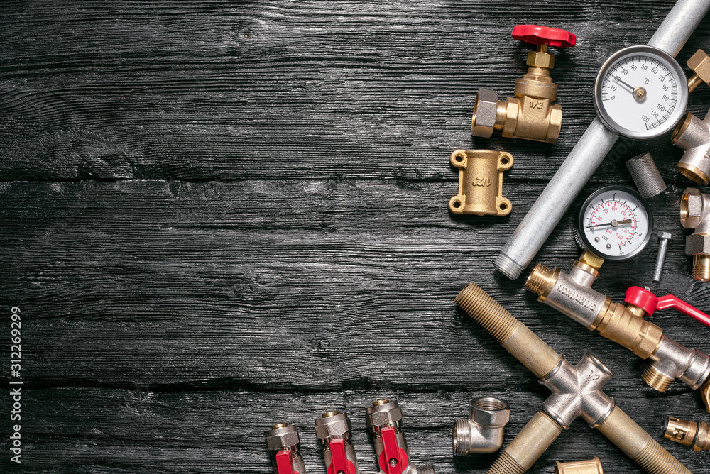 Plumbing flat lay background with copy space. Work tools and pipeline ...