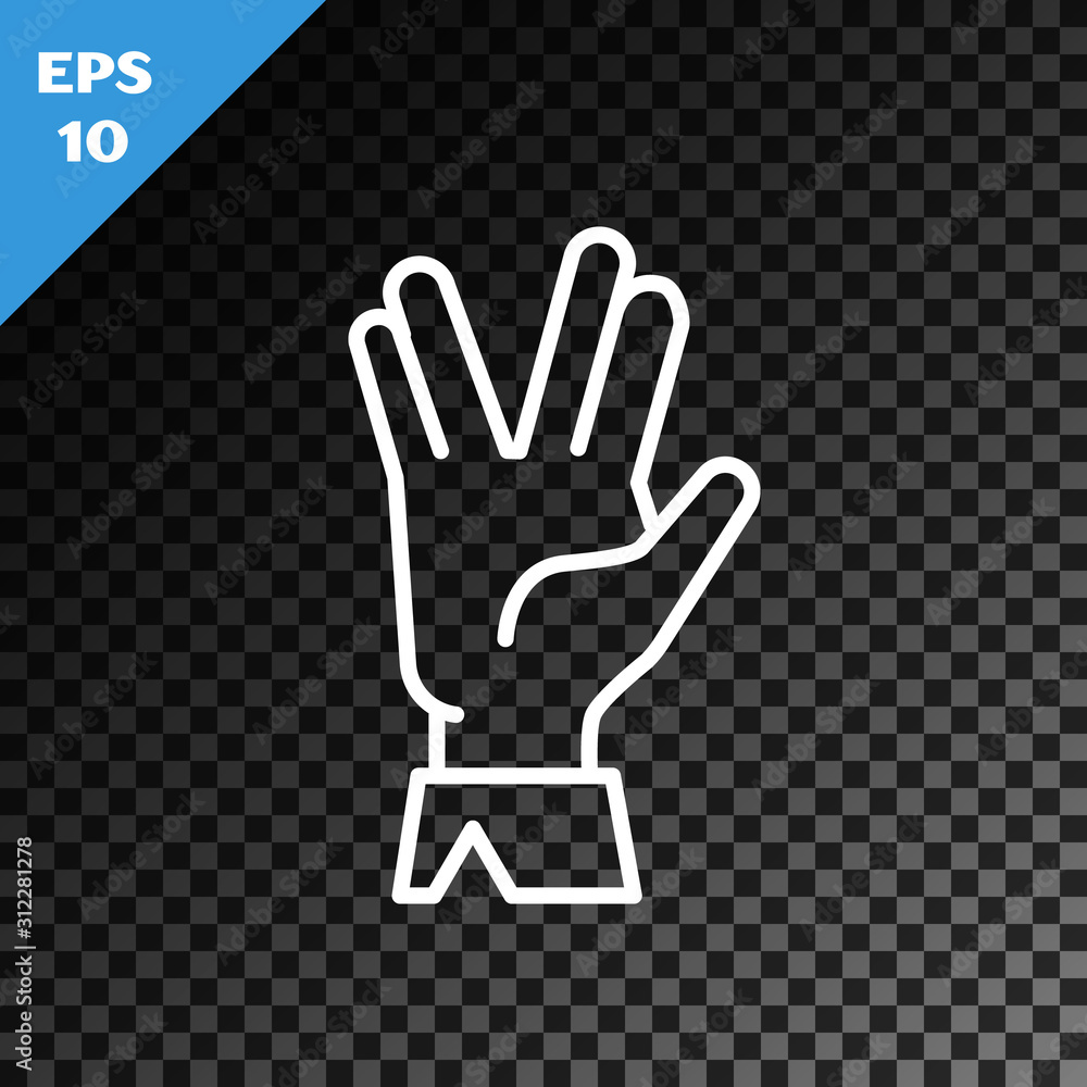 White line Vulcan salute icon isolated on transparent dark background ...