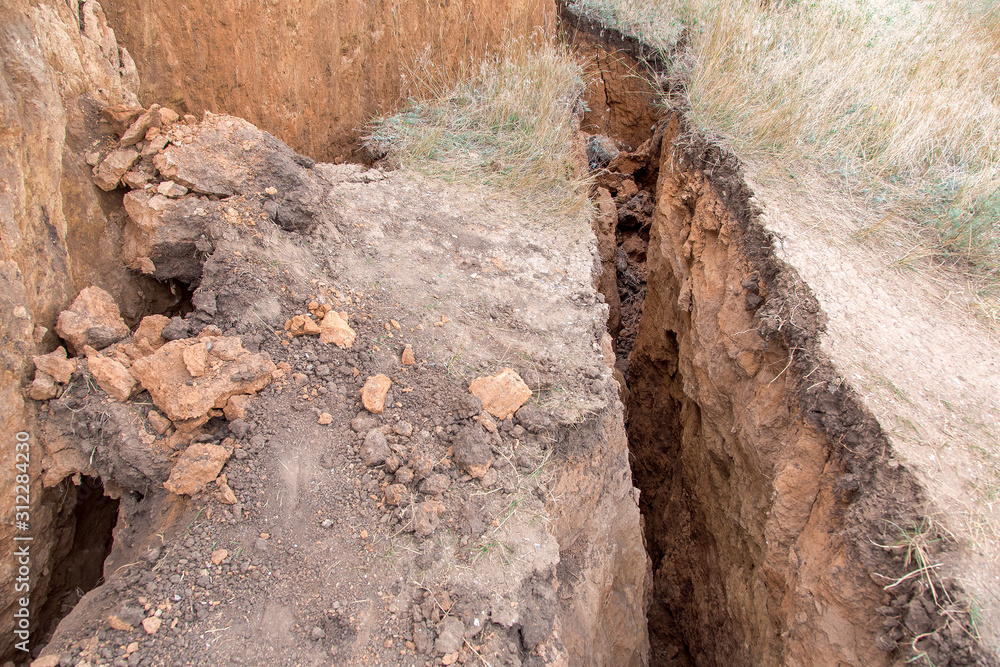 ecological disaster landslide of clay soil after an earthquake, a close ...