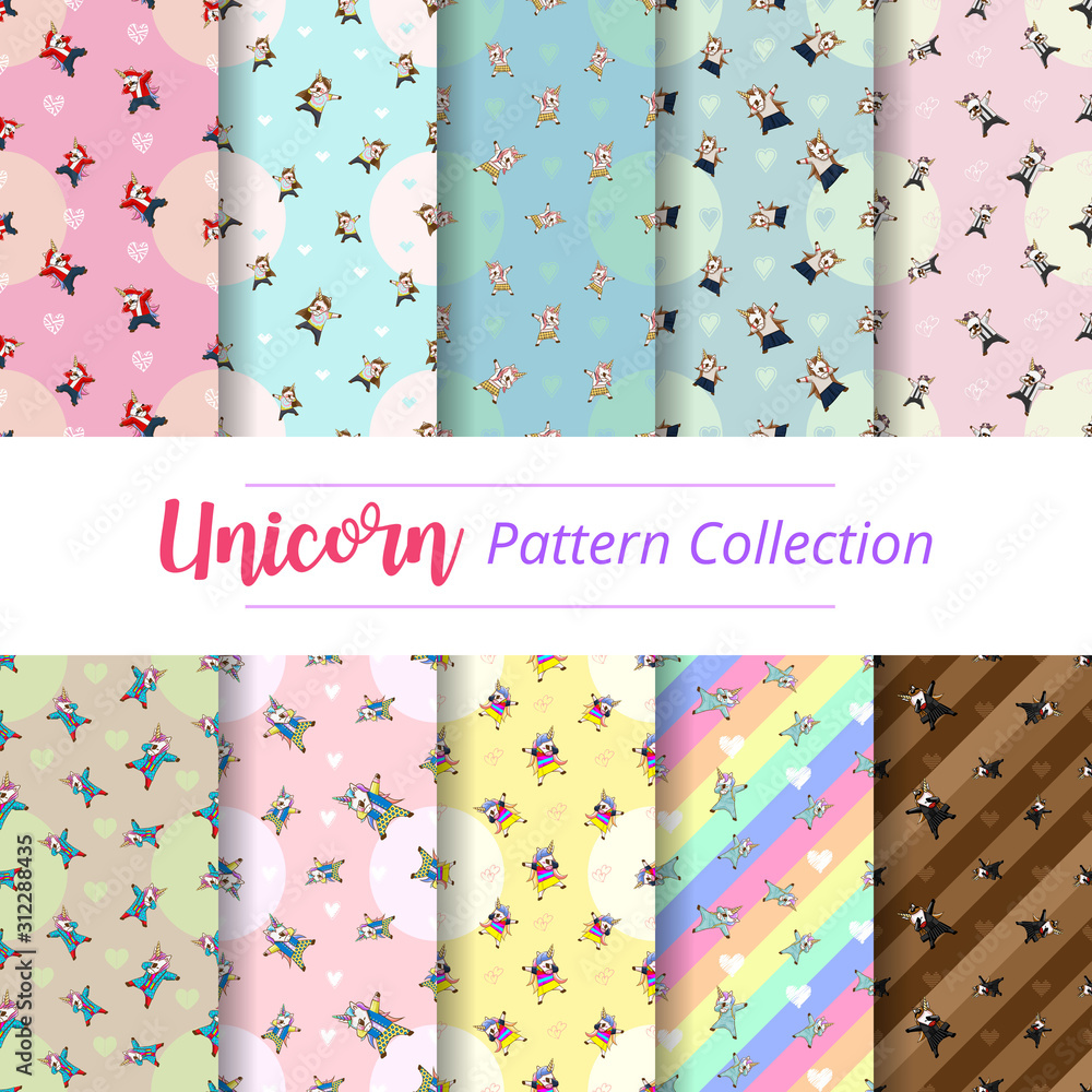 Unicorn pattern background seamless vector set collection graphic ...