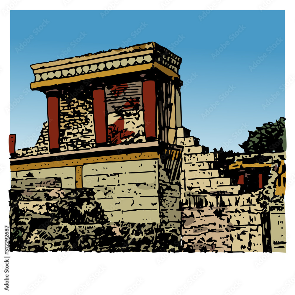 Isolated vector illustration. View of ruined Minoan palace of king ...