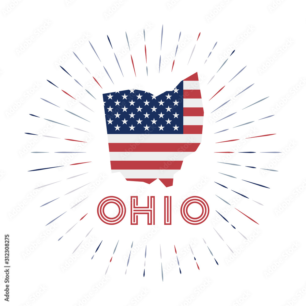 Ohio sunburst badge. The us state sign with map of Ohio with American ...