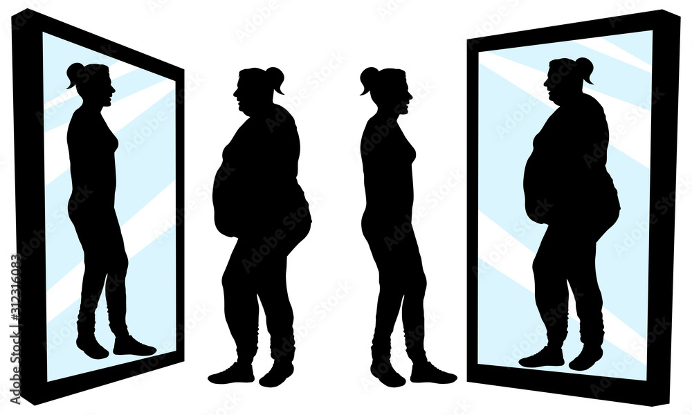 Woman stands in front of a mirror and sees a reflection. Fat and thin ...