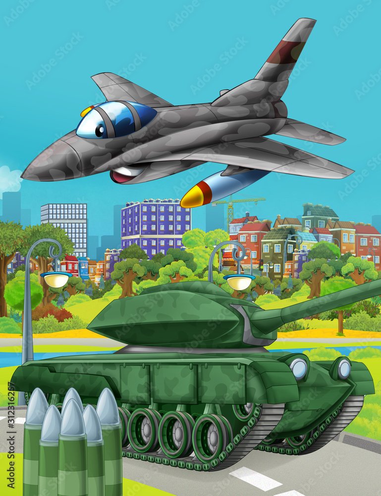 cartoon scene with military army car vehicle tank on the road and jet ...