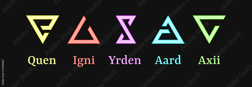Signs of the witcher with inscriptions. Aarrd, Quen, Igni, Yrden, Axii ...