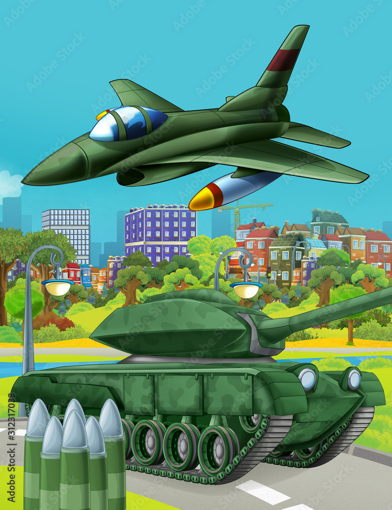 cartoon scene with military army car vehicle tank on the road and jet ...