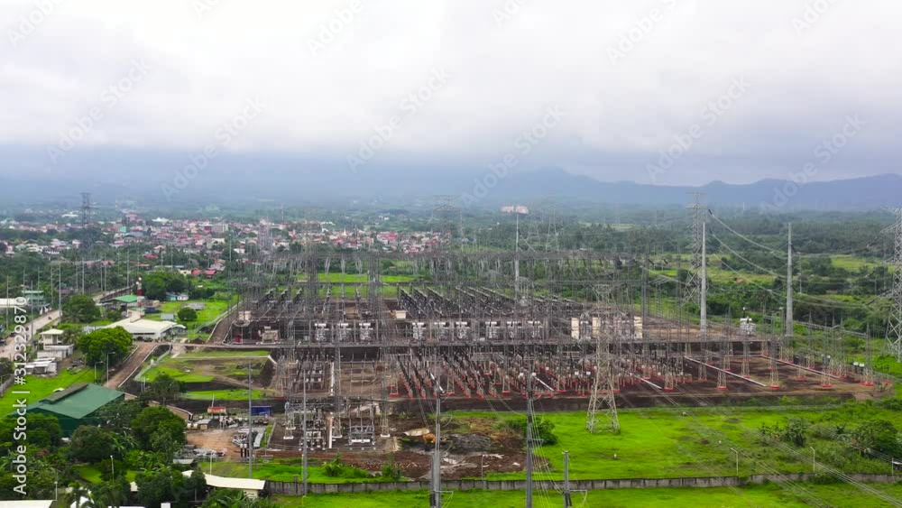 Aerial view of a high voltage substation. Distributing high voltage ...
