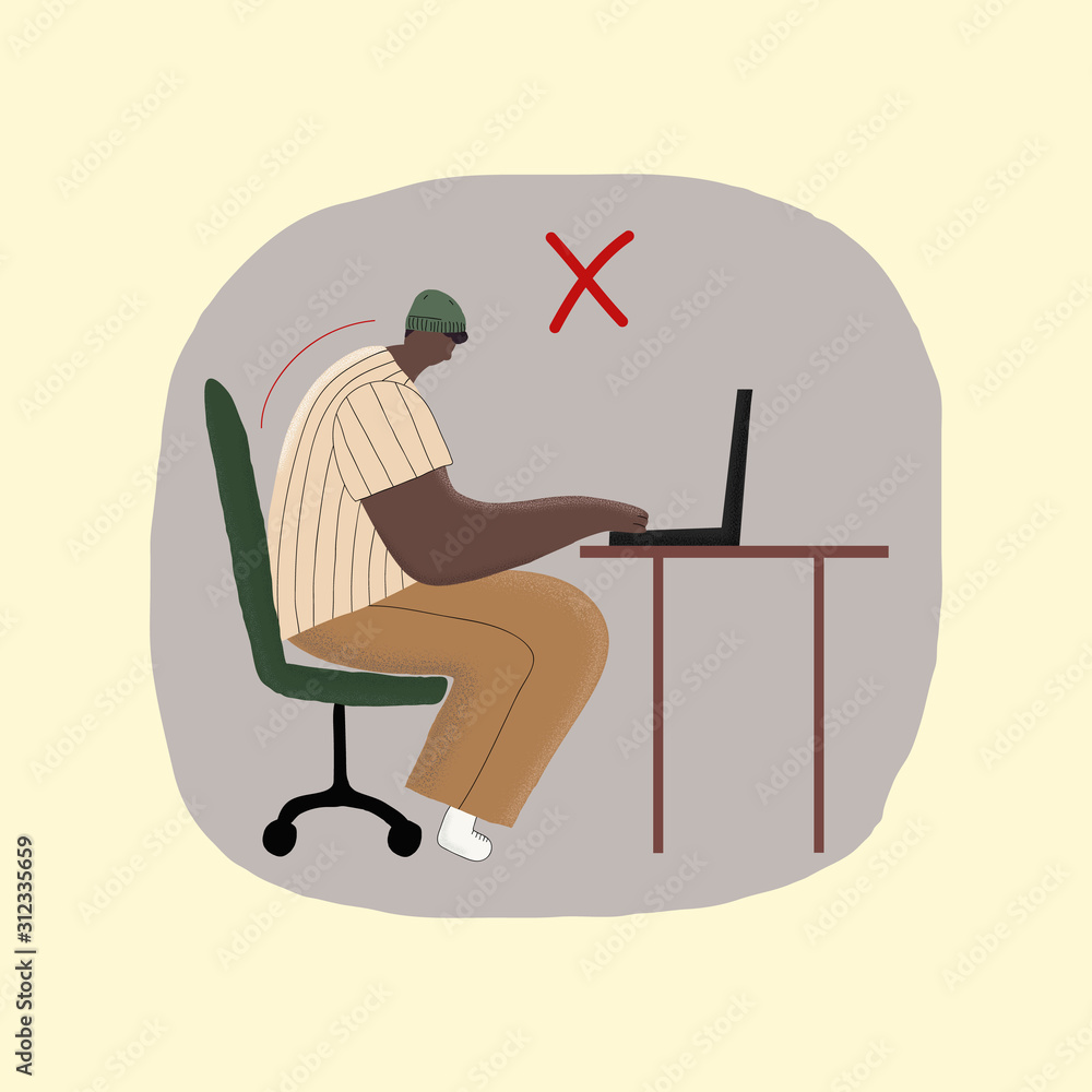 Illustration of poor posture during everyday computer work. Afro ...