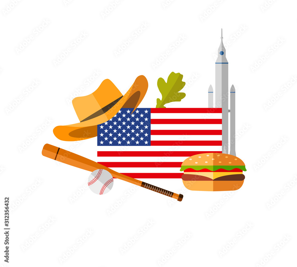 USA flag with a composition of traditional country symbols isolated on ...
